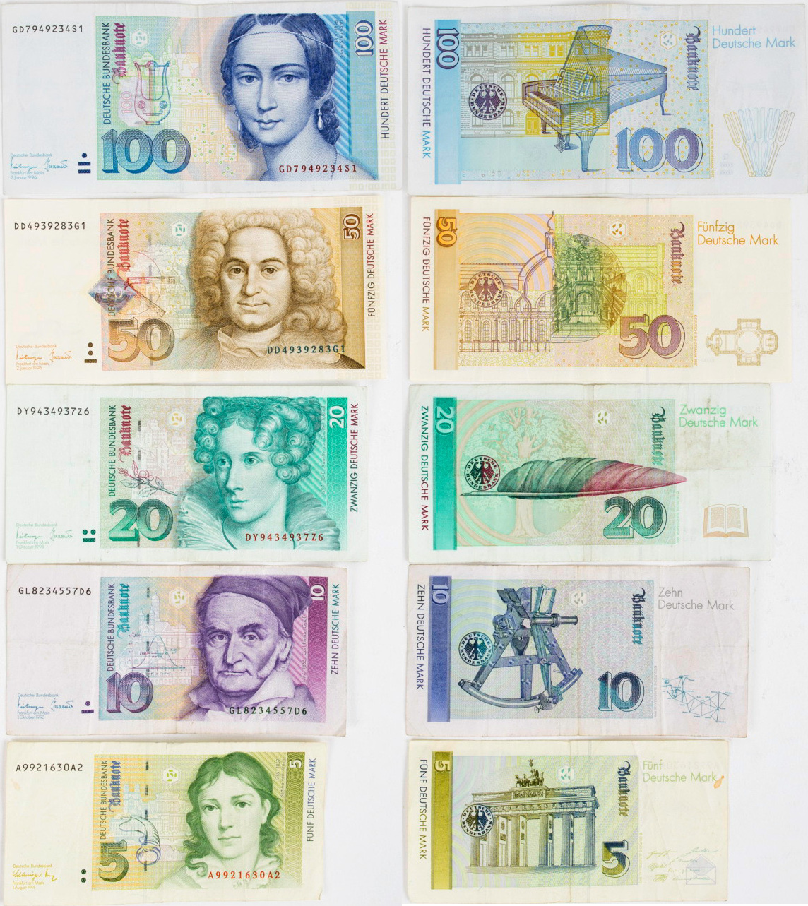 Bundesrepublik Deutschland 185 DM in 5 Scheinen von 5 bis 100 DM 1991 ...
