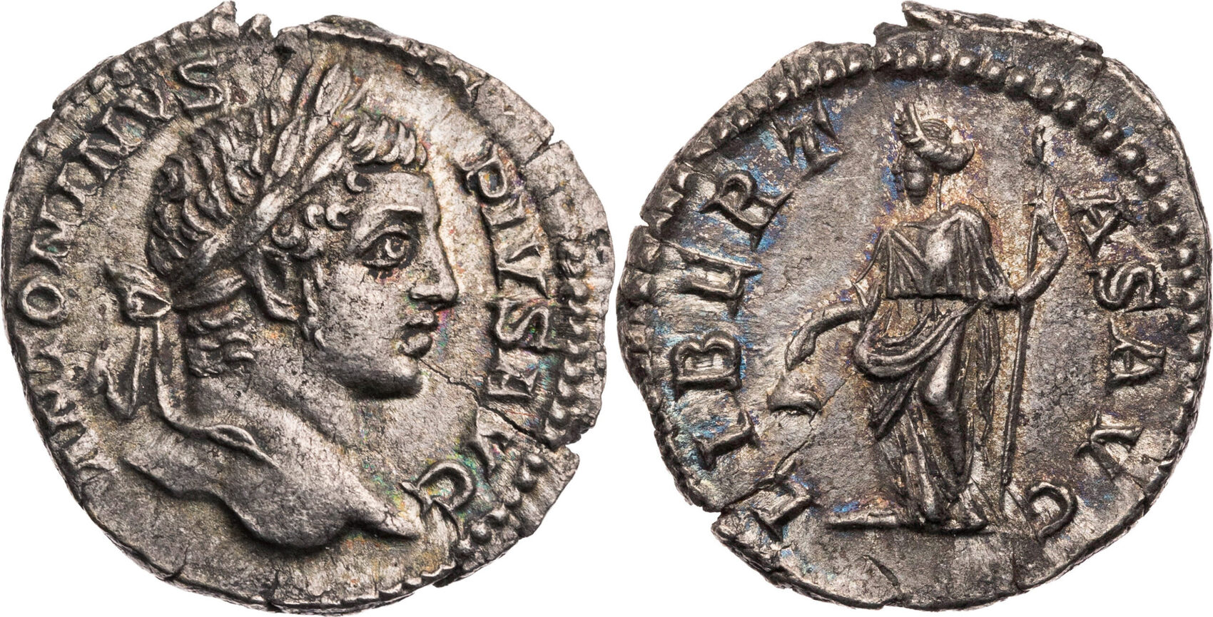 Römische Kaiserzeit Denar 206 n. Chr. Caracalla, Kopf / LIBERTAS AVG, Libertas mit Pileus und ...