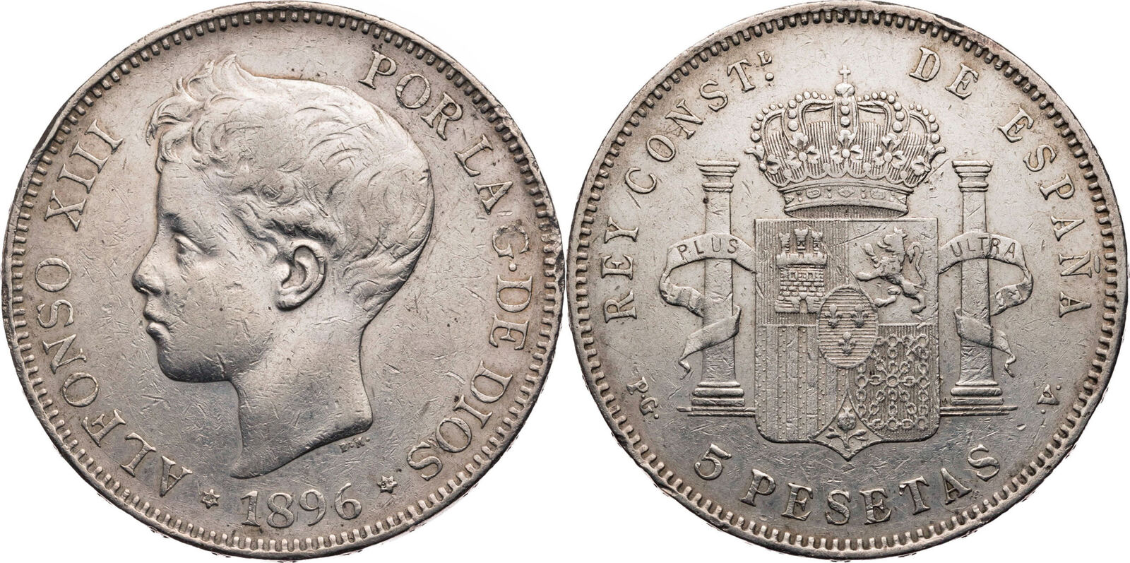 Spanien 5 Pesetas 1896 PGV Alfonso XIII. (1886-1931) - Kursmünze (1895 ...