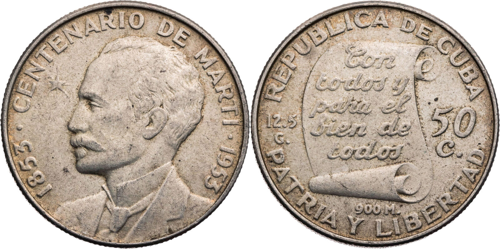Kuba 50 Centavos 1953 Auf den 100. Geburtstag von Jose Marti VF | MA-Shops
