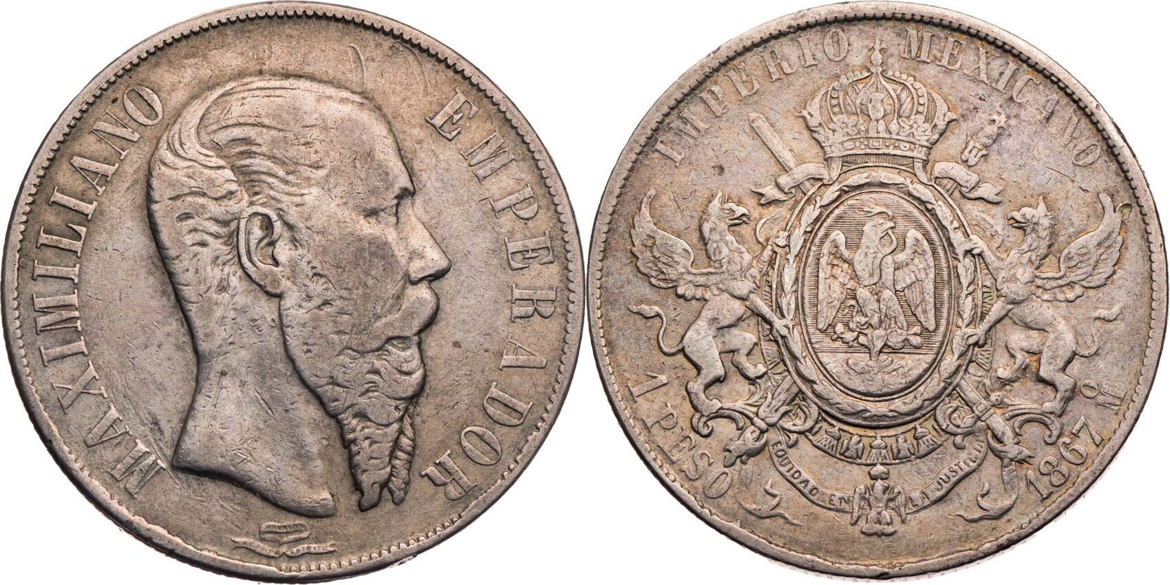 Mexiko 1 Peso 1867 Maximiliano I. (1863-1867) - Kursmünze (1866-1867 ...