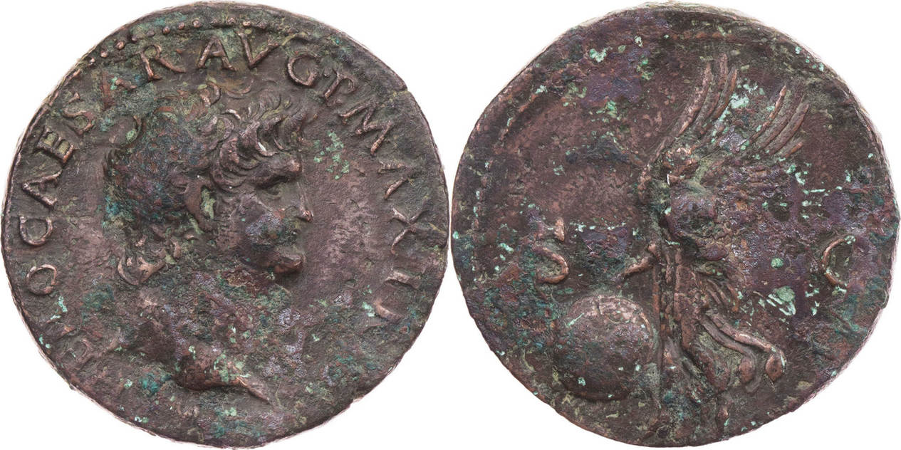 Römische Kaiserzeit As 64-68 n. Chr. Nero, Kopf / Victoria mit SPQR ...