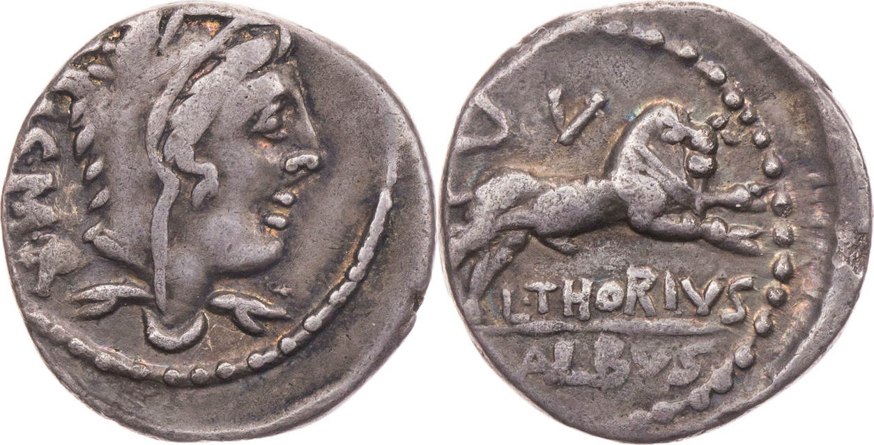 Römische Republik Denar 105 v. Chr. L. Thorius Balbus, Kopf der Iuno ...
