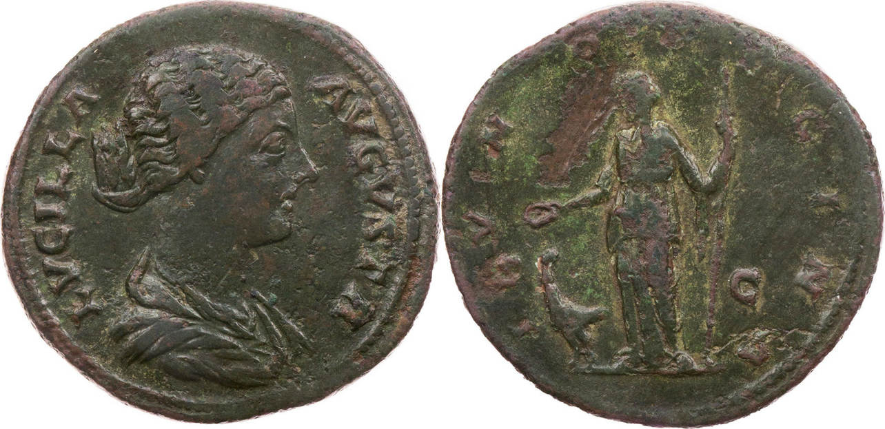 Römische Kaiserzeit Sesterz nach 164 n.Chr. Lucilla, Büste / IVNO REGINA, Iuno und Pfau VF ...