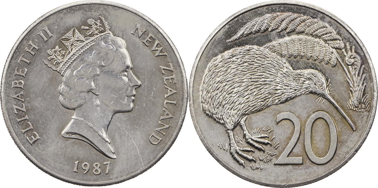 Neuseeland 20 Cents 1987 Elizabeth II 3rd portrait - Kiwi UNC | MA-Shops