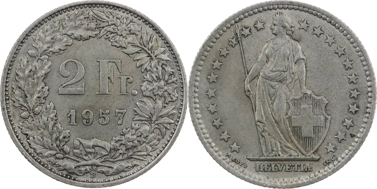 Schweiz 2 Franken 1957 B Kursmünze Helvetia EF | MA-Shops