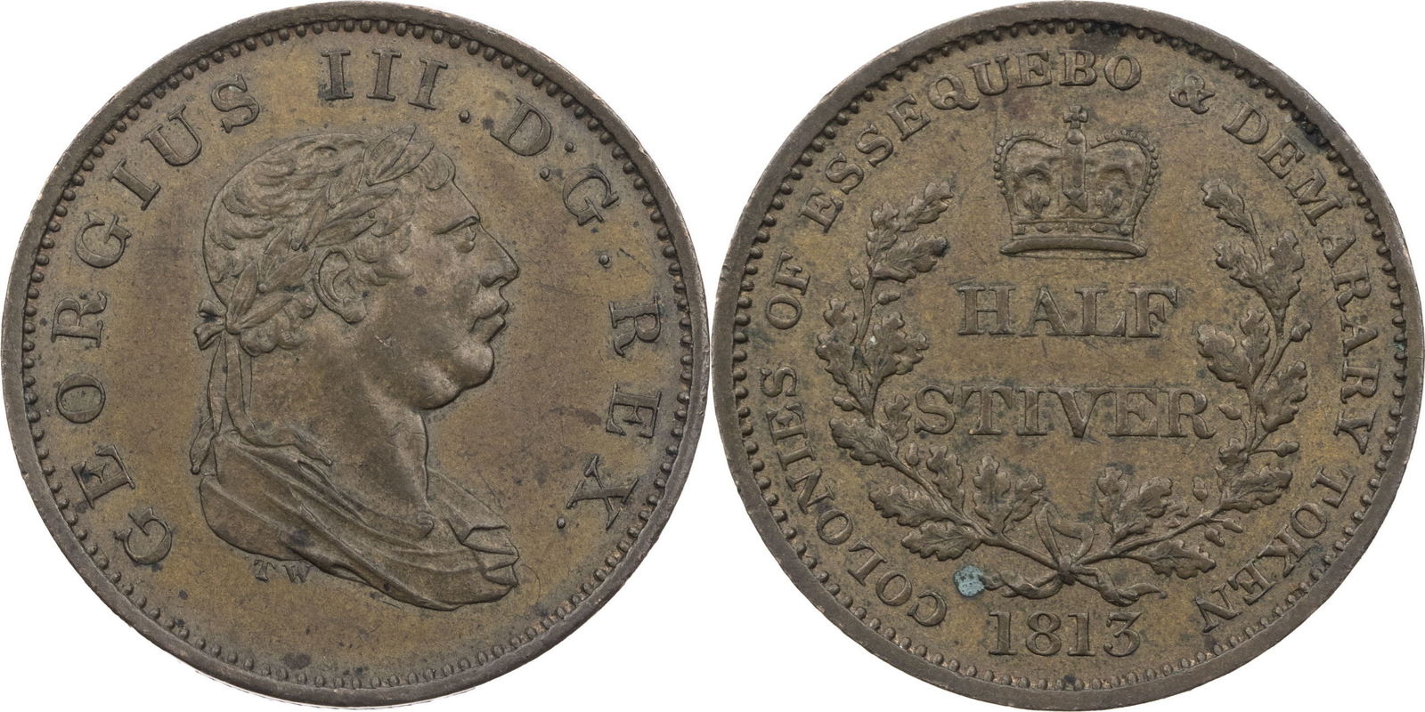 Demerara and Essequibo (Guyana) 1/2 Stiver 1813 George III. VF- | MA-Shops