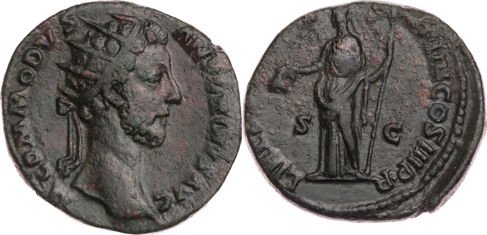 Römische Kaiserzeit Dupondius 181 n. Chr. Commodus, Kopf / LIBERTAS AVG ...