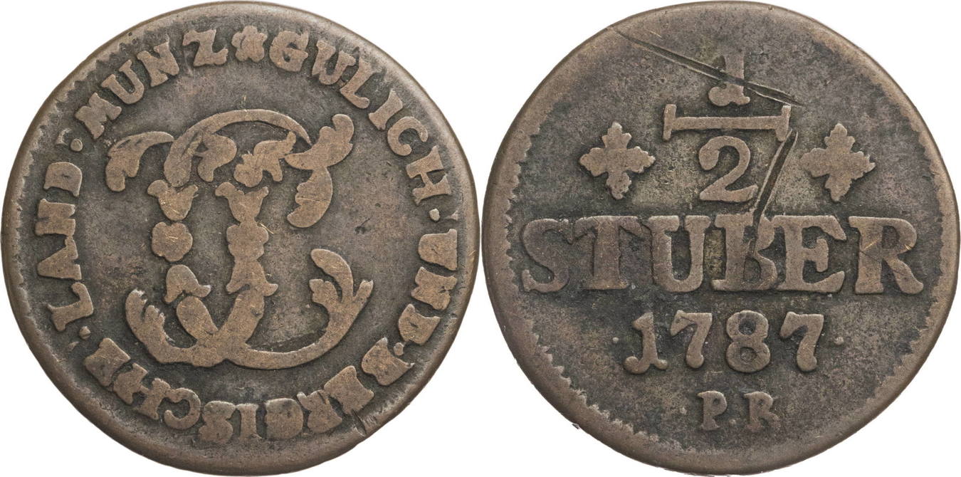 Jülich-Berg, Herzogtum ½ Stüber 1787 PR Karl Theodor (1742-1799) F-VF ...