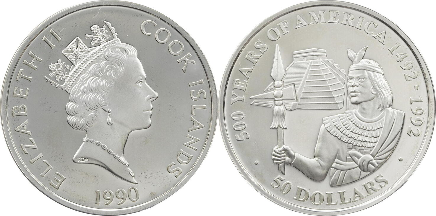 Cook Islands 50 Dollars 1990 500 Jahre Amerika - Inka Proof (gekapselt ...