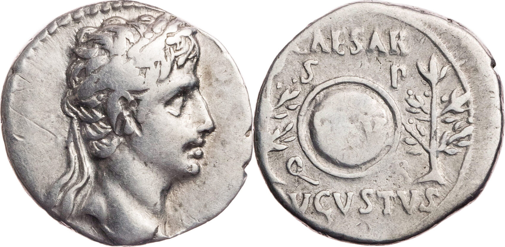 Römische Kaiserzeit Denar 19-18 v. Chr. Augustus, Kopf / clipeus ...