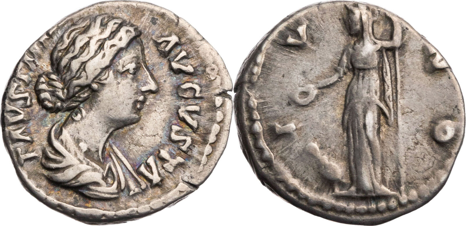 Römische Kaiserzeit Denar 161-176 n. Chr. Faustina minor, Büste / IVNO, Iuno mit Pfau VF | MA-Shops