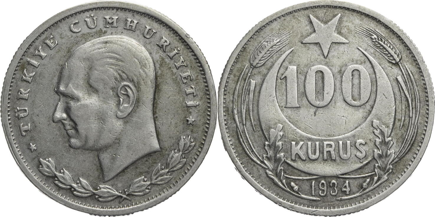 Türkei, Republik 100 Kurus 1934 Kemal Atatürk - Kursmünze VF | MA-Shops
