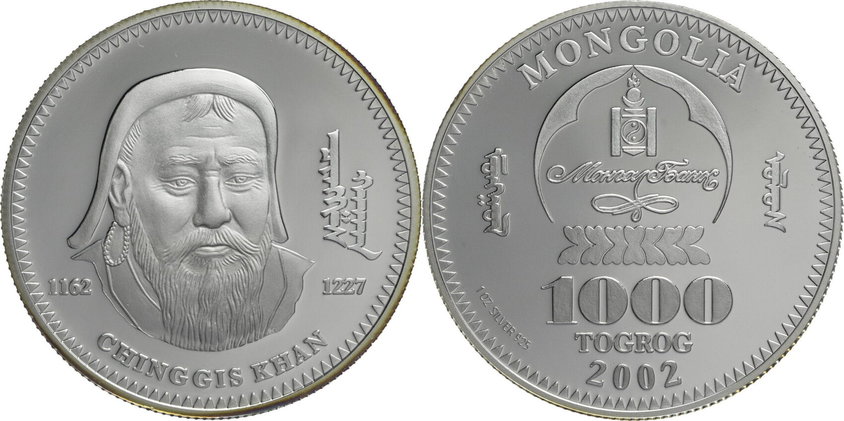 Mongolei 1000 Tugrig (Tögrög) 2002 Ching Gis Khan Proof (in Kapsel ...