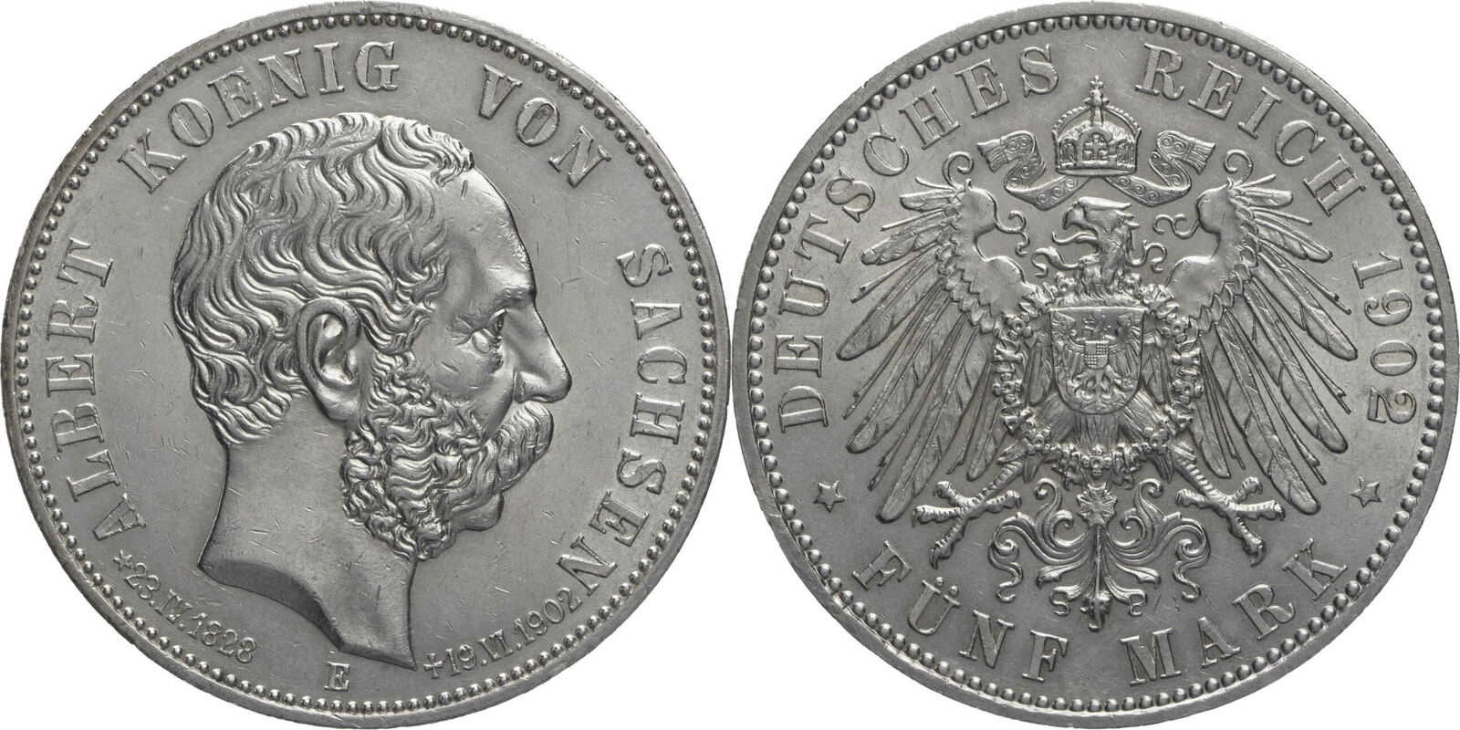 Kaiserreich, Sachsen 5 Mark 1902 E Albert (1873-1902) - Auf den Tod des ...