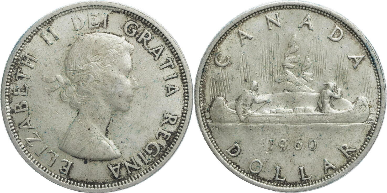 Kanada 1 Dollar 1960 Elizabeth II., Voyageur, Pelzhändler und Indianer ...