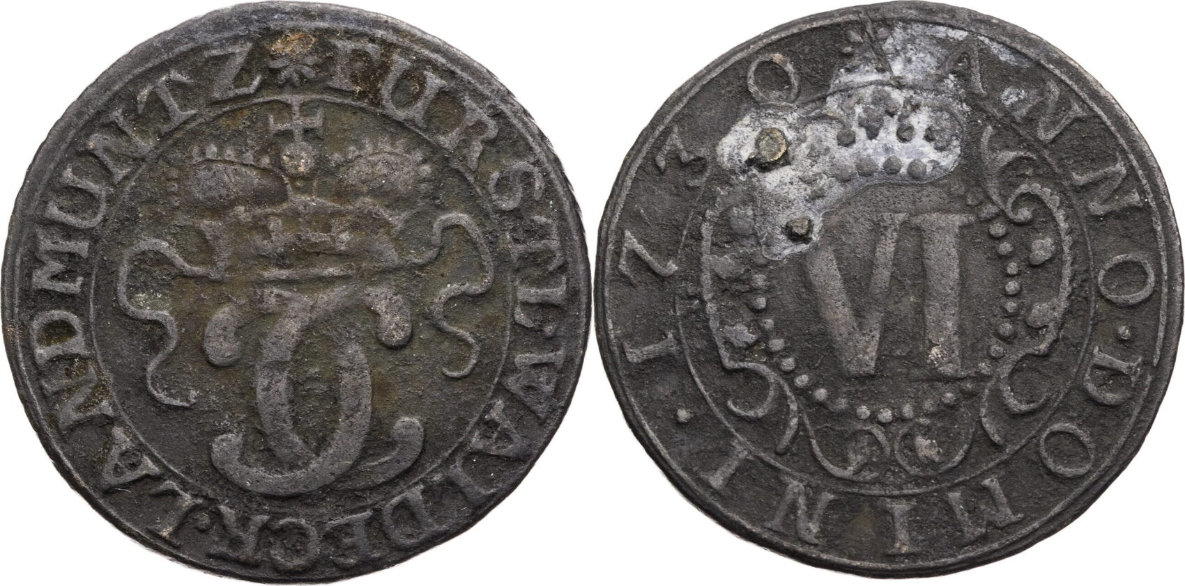 Waldeck 6 Pfennig 1730 Karl August Friedrich (1728-1763) VF Lötspur auf ...