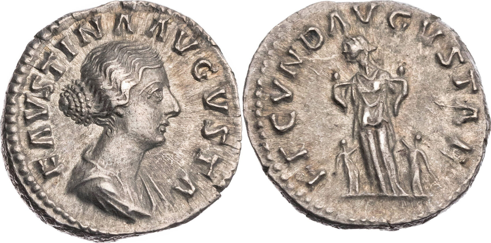 Römische Kaiserzeit Denar 161-176 n. Chr. Faustina II., Büste / FECVND AVGVSTAE, Fecunditas mit ...
