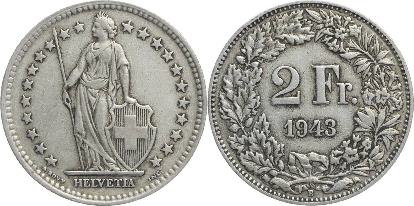 Schweiz 2 Franken 1943 B Helvetia - Kursmünze (1875-1967) VF | MA-Shops