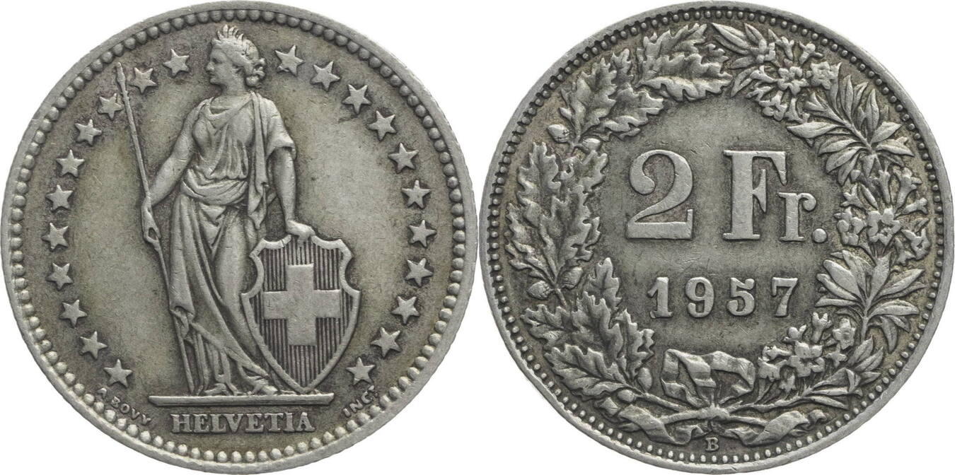 Schweiz 2 Franken 1957 B Helvetia - Kursmünze (1874-1967) VF | MA-Shops