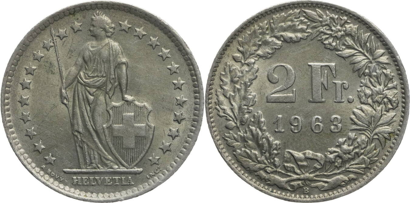 Schweiz 2 Franken 1963 B Helvetia - Kursmünze (1875-1967) VF-EF | MA-Shops