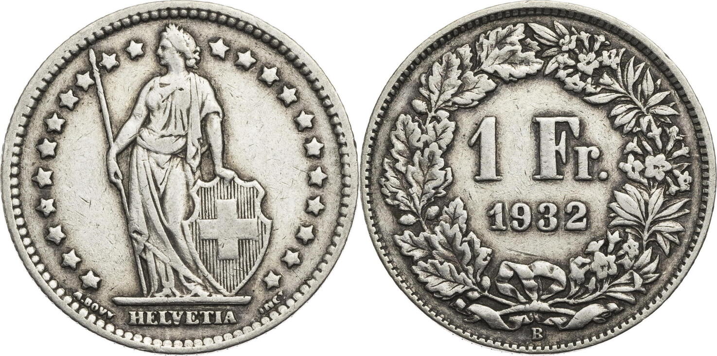 Schweiz 1 Franken 1932 B Helvetia - Kursmünze (1875-1967) F-VF | MA-Shops