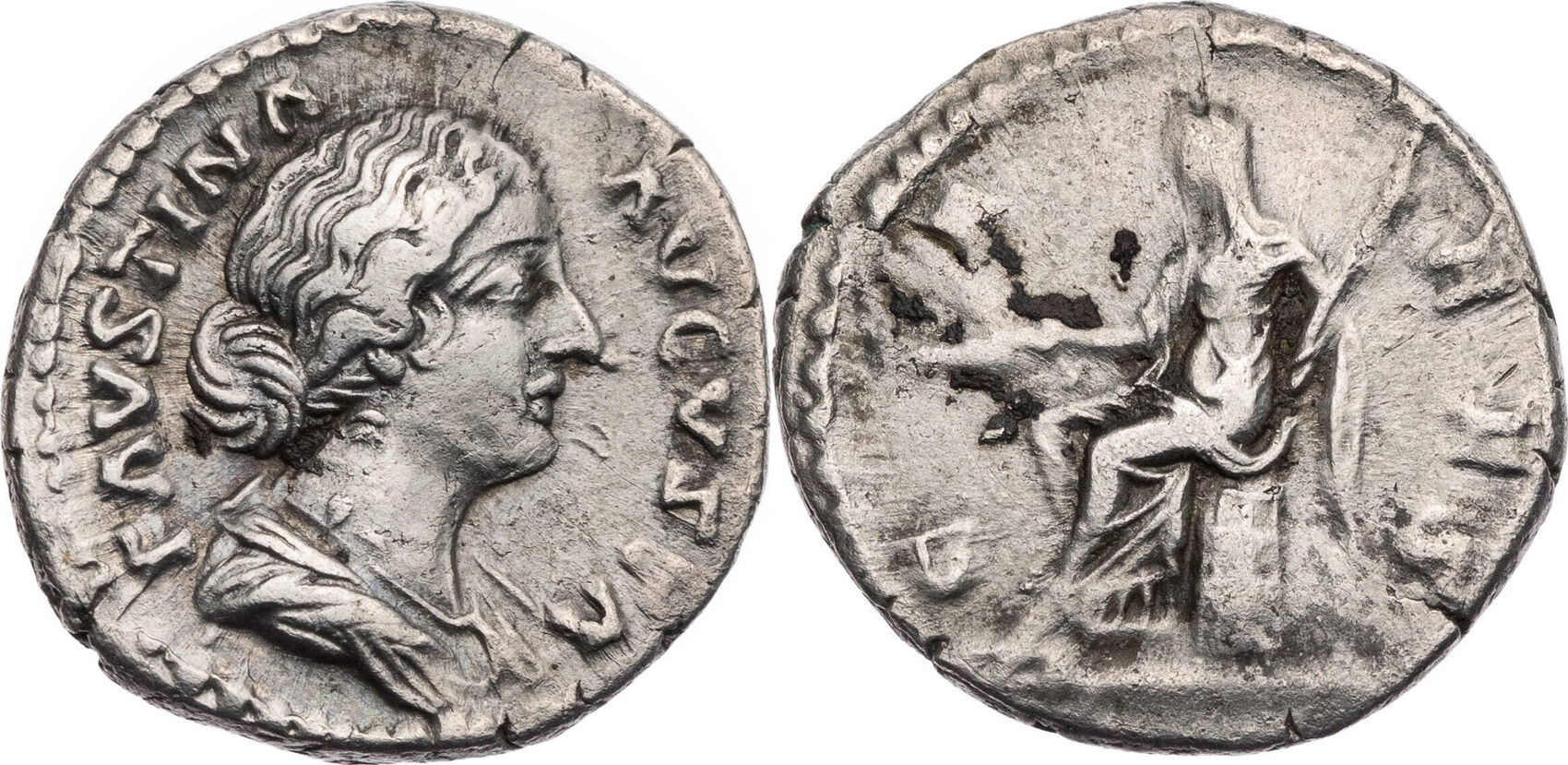 Römische Kaiserzeit Denar 161-176 n. Chr. Faustina II., Büste / CERES, Ceres mit Ähren und ...