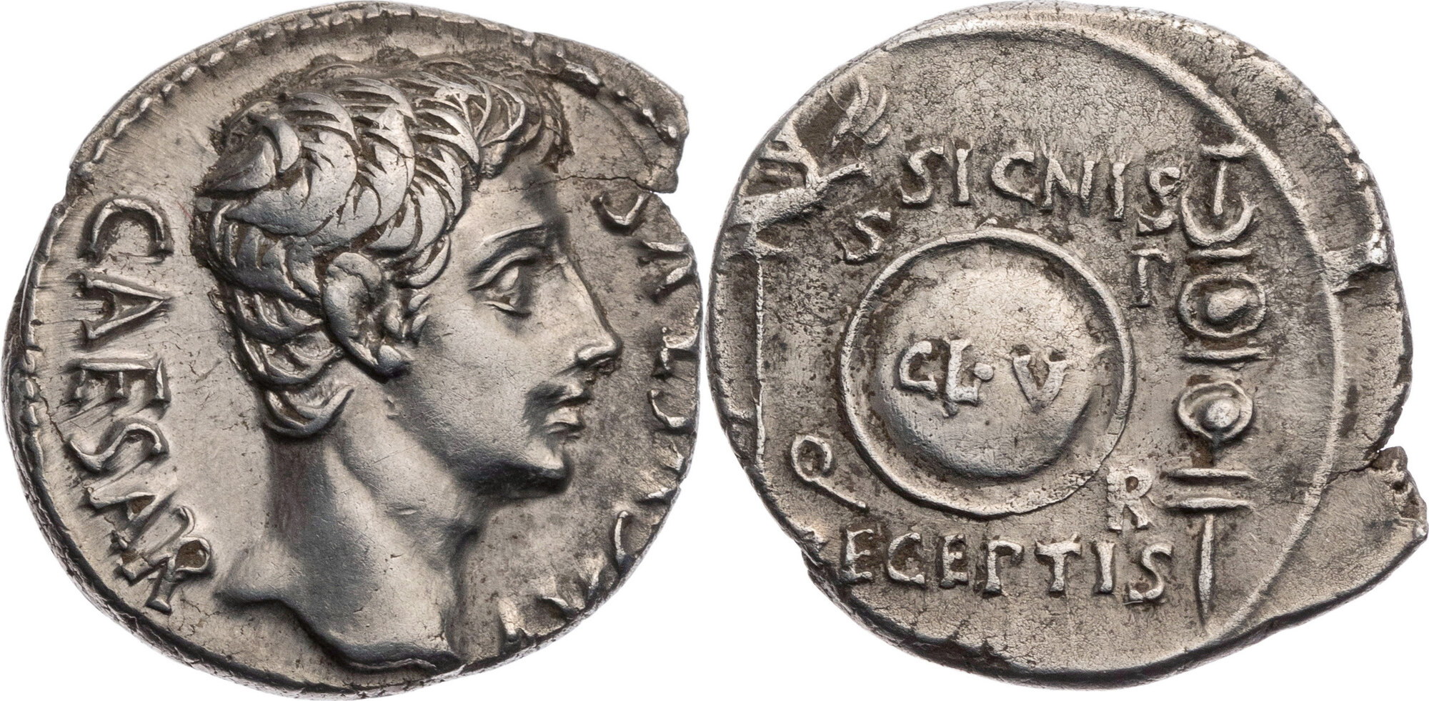 Römische Kaiserzeit Denar 19-18 v. Chr. Augustus, Kopf / SIGNIS ...