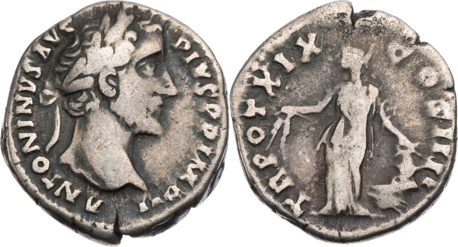 Römische Kaiserzeit Denar 155/156 n. Chr. Antoninus Pius, Kopf / Annona mit Ähren VF- | MA-Shops
