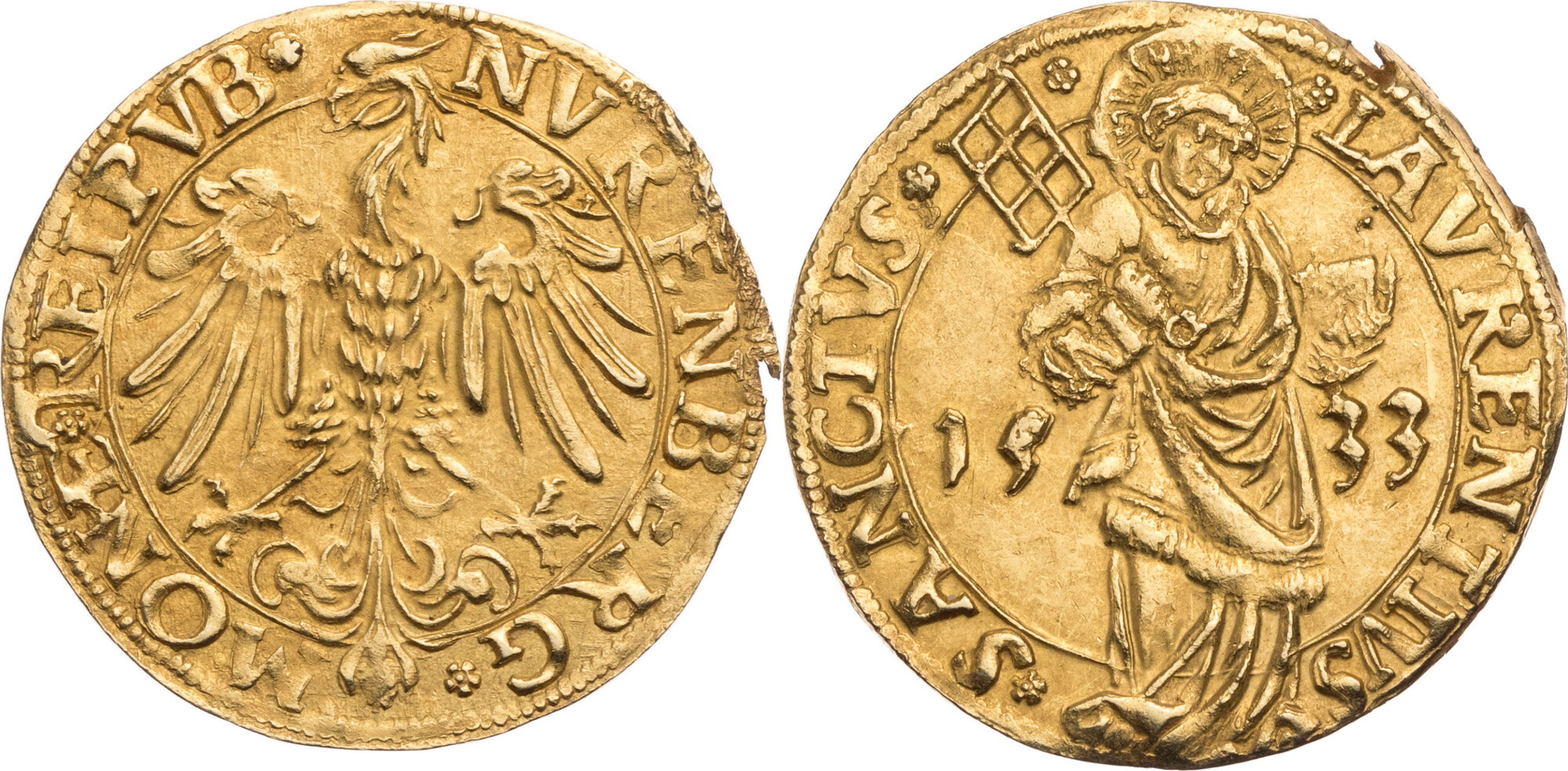Nürnberg, Reichsstadt Goldgulden 1533 Adler / St. Laurentius, R! Rand ...