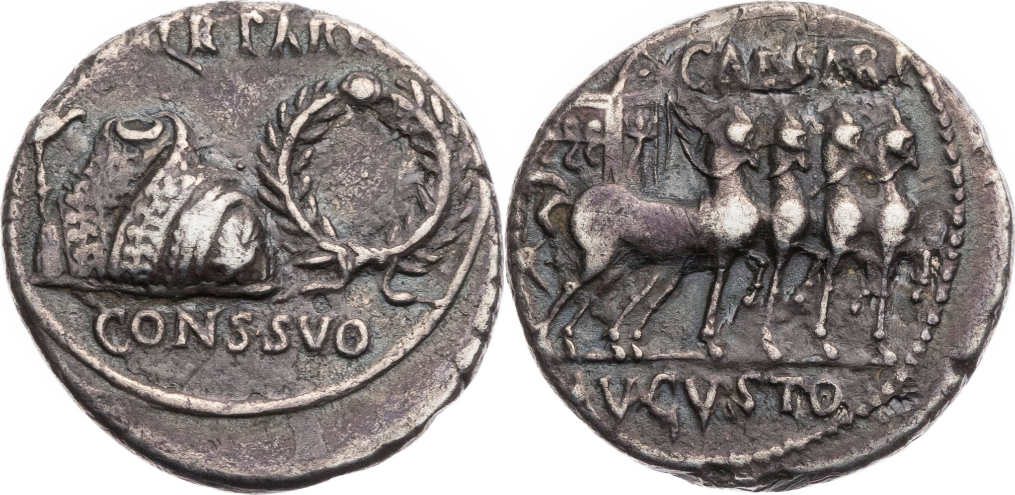 Römische Kaiserzeit Denar 18 v. Chr. Augustus, Toga Picta zwischen ...