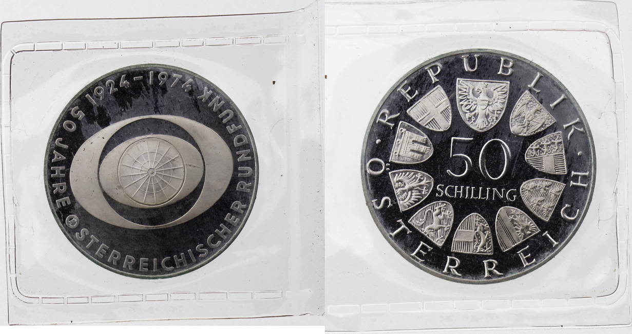 Österreich 50 Schilling 1974 50 Jahre österreichischer Rundfunk Proof in orig. Folie | MA-Shops