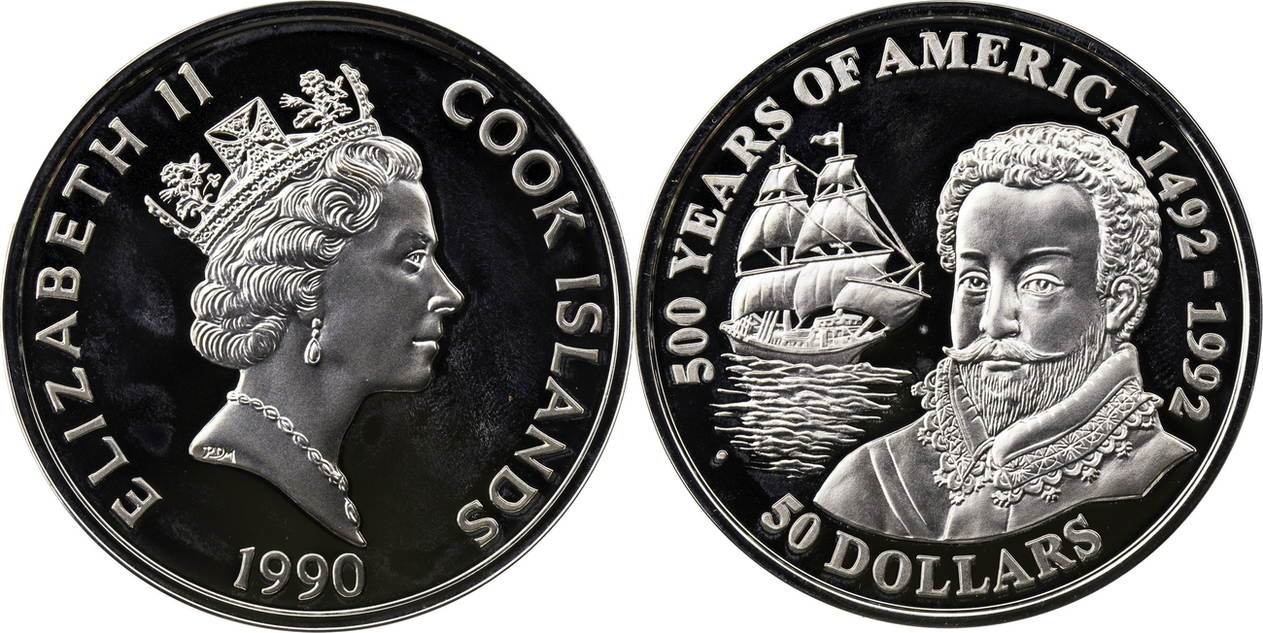 Cook Islands 50 Dollars 1990 500 Jahre Amerika - Sir Francis Drake ...