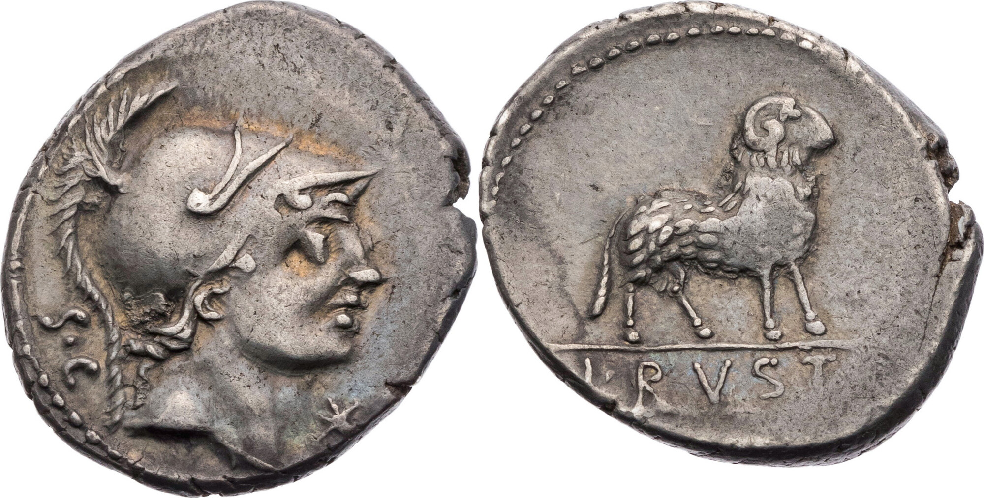 Römische Republik Denar 76 v. Chr. L. Rustius, Kopf des Mars / Widder ...