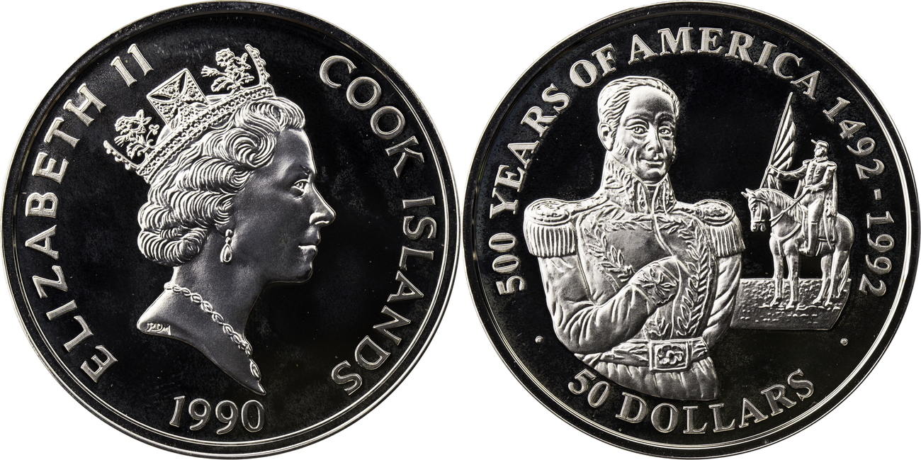 Cook Islands 50 Dollars 1990 500 Jahre Amerika - Bolivar Proof ...
