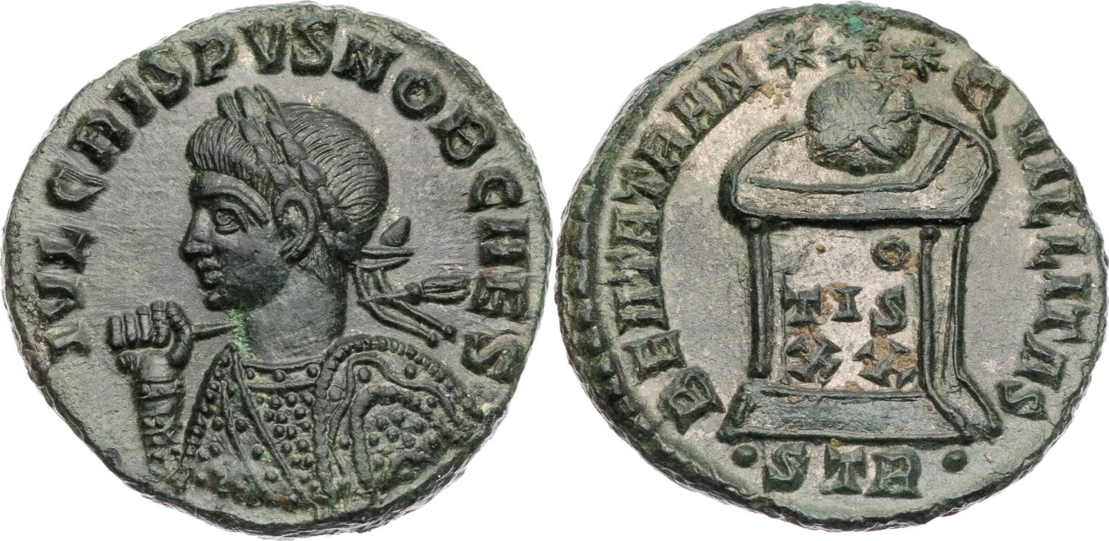Römische Kaiserzeit Follis 322-323 n. Chr. Crispus Caesar, Trier, Büste ...