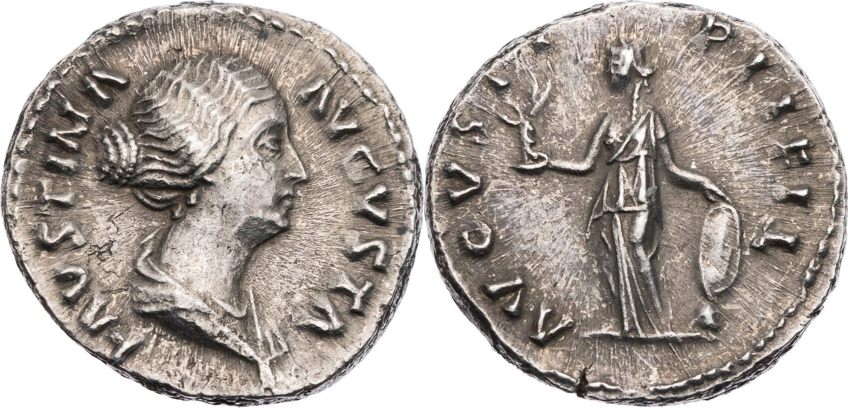 Römische Kaiserzeit Denar 145-161 n. Chr. Faustina minor, Büste / AVGVSTI PII FIL, Venus Victrix ...