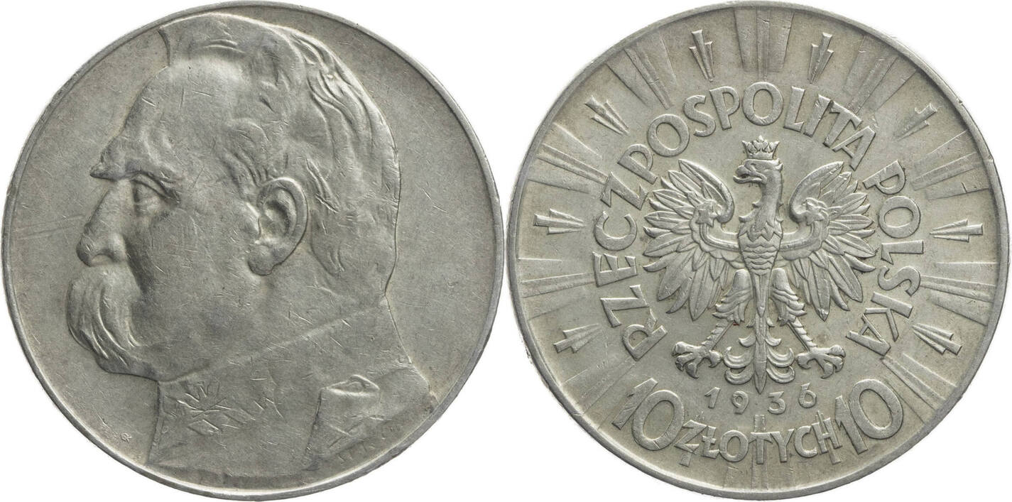 Polen 10 Zlotych (Zloty) 1936 Józef Piłsudski - Kursmünze (1934-1939) EF | MA-Shops