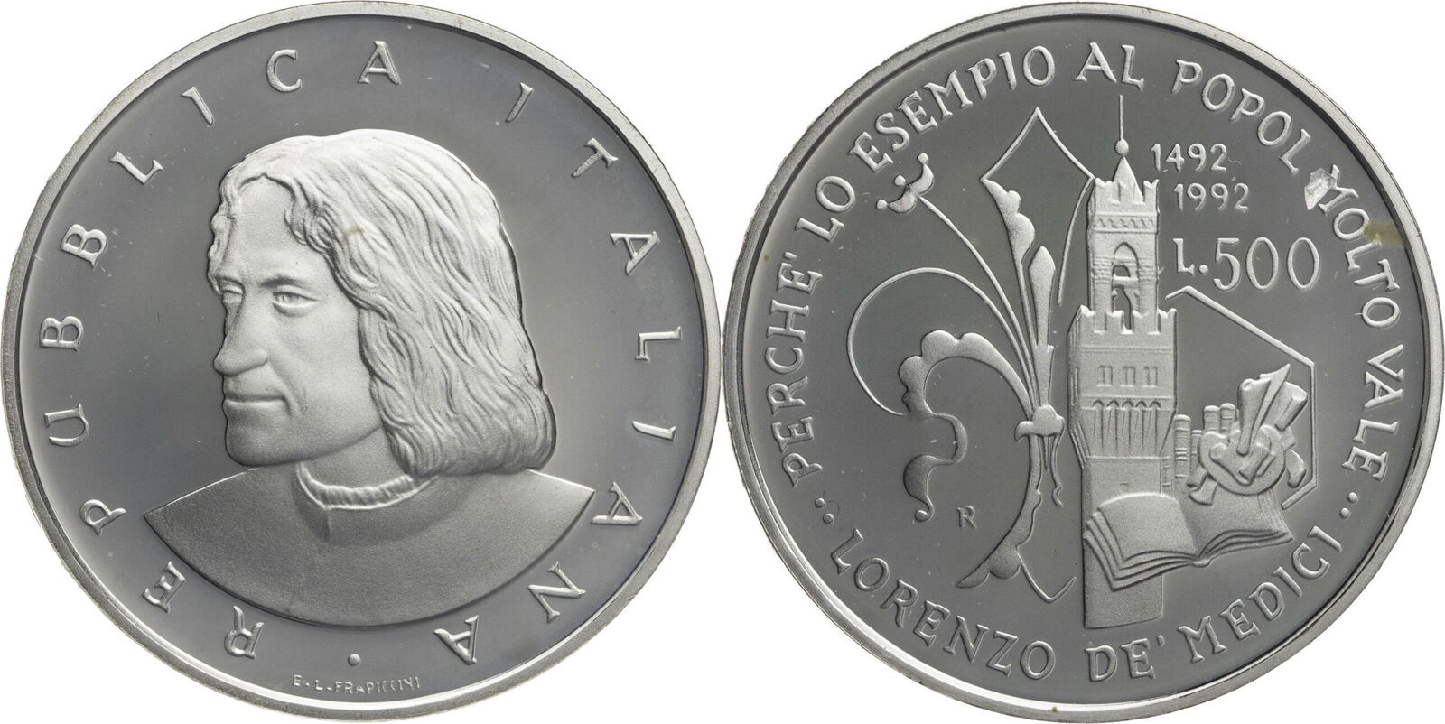 Italien 500 Lire 1992 R Auf den 500. Todestag von Lorenzo de Medici Proof | MA-Shops