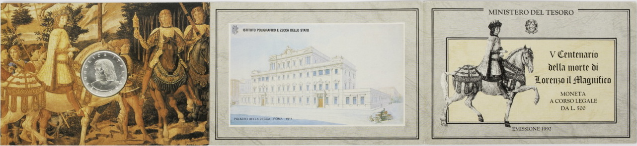 Italien 500 Lire 1992 R 500th Anniversary of the Death of Lorenzo de' Medici BU, im orig. Folder ...