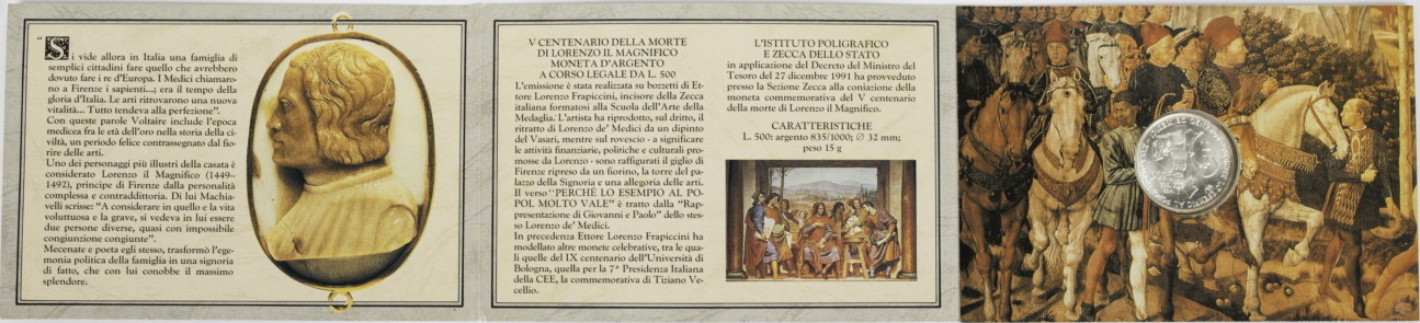 Italien 500 Lire 1992 R 500th Anniversary of the Death of Lorenzo de' Medici BU, im orig. Folder ...
