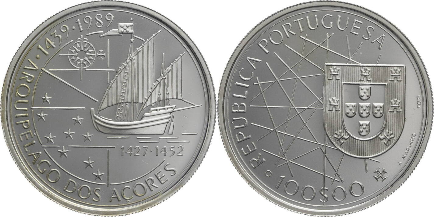 Portugal 100 Escudos 1989 Entdeckung der Azoren Proof (gekapselt) | MA ...