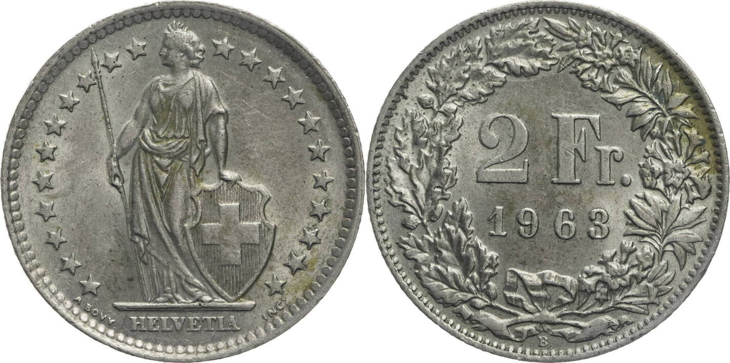 Schweiz 2 Franken 1963 B Helvetia - Kursmünze (1875-1967) VF-EF | MA-Shops