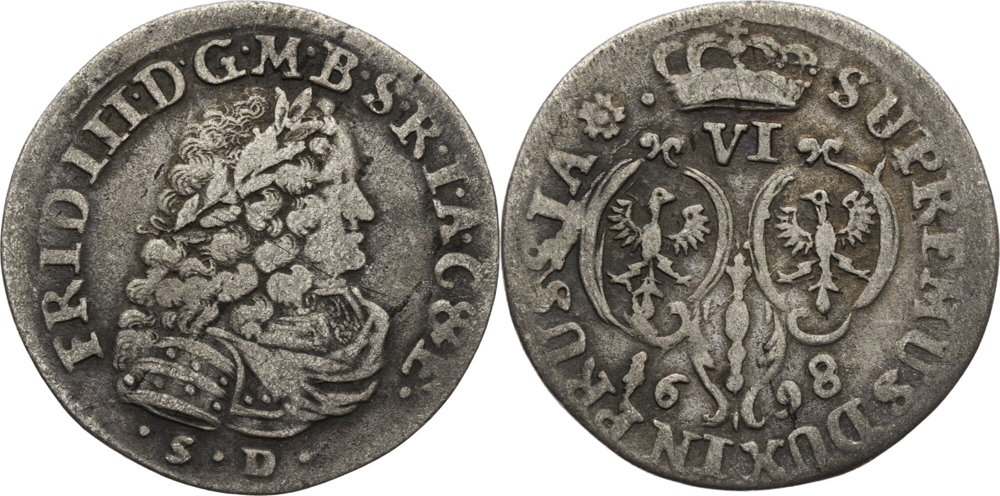 Preussen, Herzogtum 6 Gröscher 1698 SD Friedrich III. (1688-1701) F-VF ...