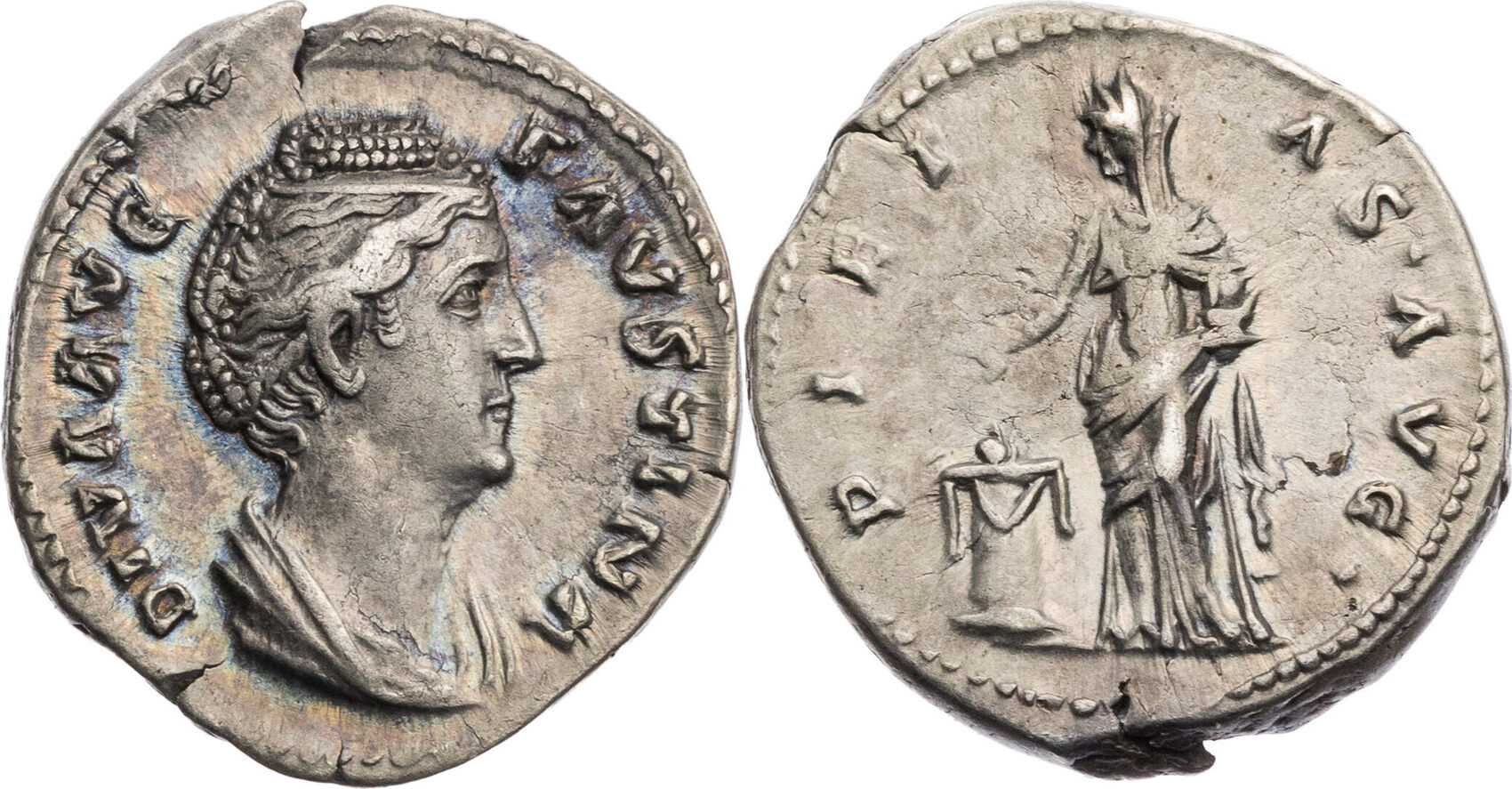 Römische Kaiserzeit Denar nach 141 n. Chr. Diva Faustina I., Büste / PIETAS AVG, Pietas neben ...