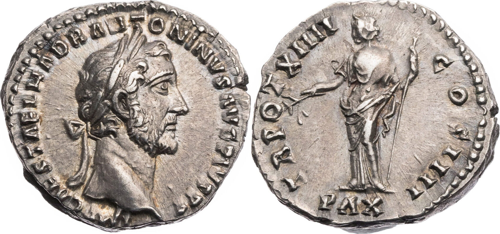 Römische Kaiserzeit Denar 150/151 n. Chr. Antoninus Pius, Kopf / PAX, Pax mit Zweig und Szepter ...
