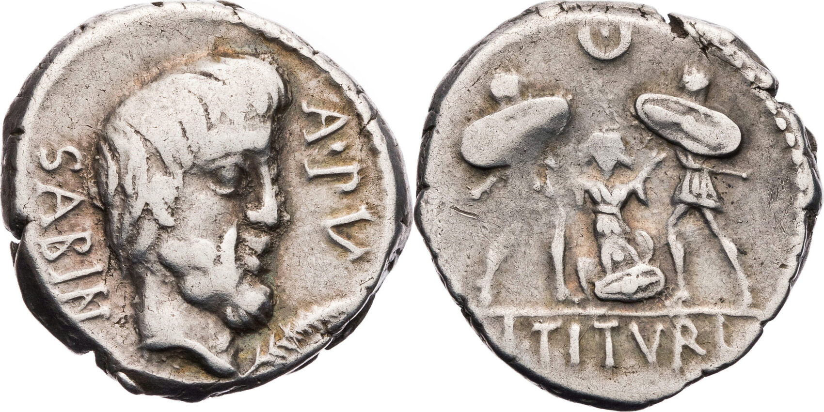 Römische Republik Denar 89 v. Chr. L. Titurius L.f. Sabinus, Kopf des ...