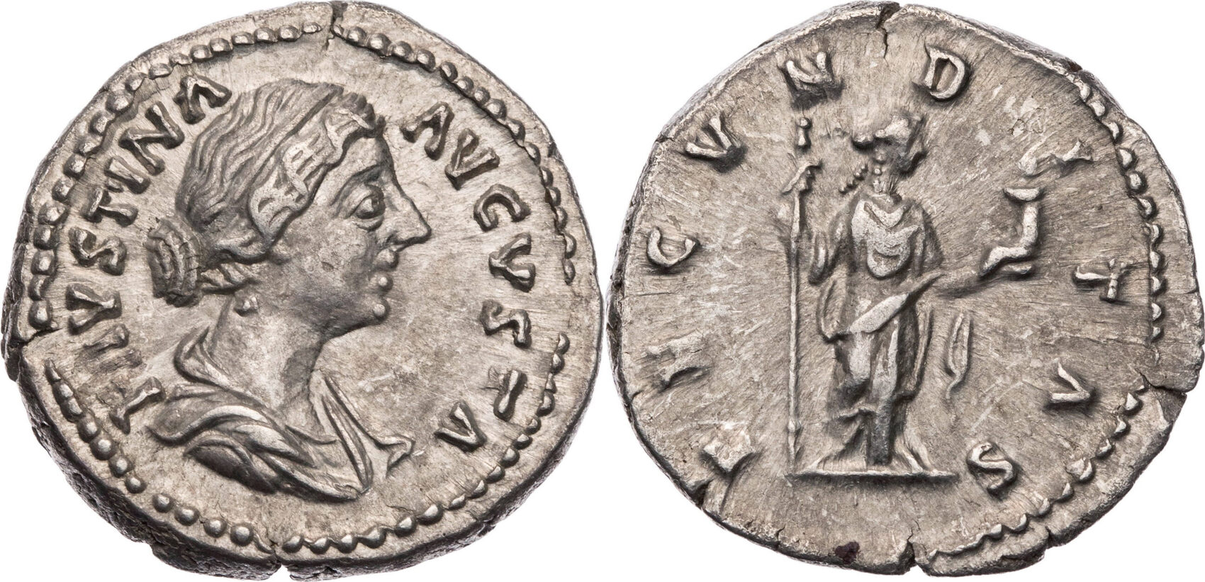 Römische Kaiserzeit Denar 161-175 n. Chr. Faustina minor, Büste / FECVNDITAS, Fecunditas mit ...