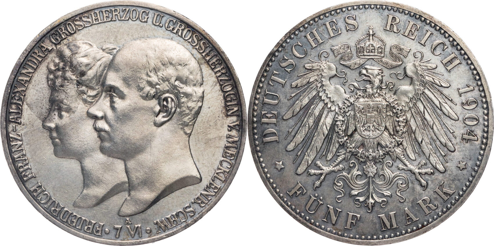Kaiserreich, Mecklenburg-Schwerin 5 Mark 1904 A Friedrich Franz IV ...