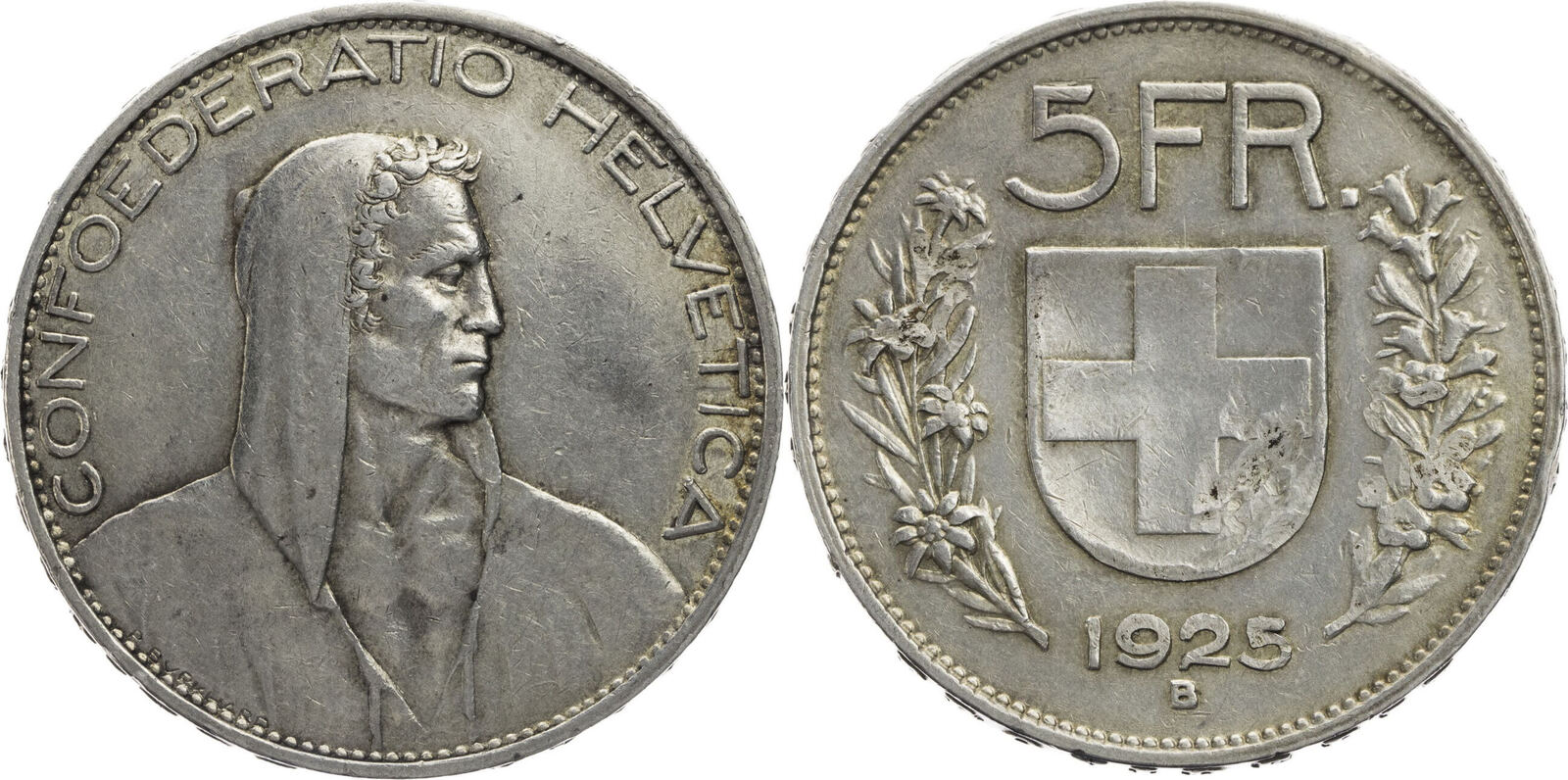 Schweiz 5 Franken 1925 B Alphirte - Kursmünze (1924-1928) VF Kratzer ...